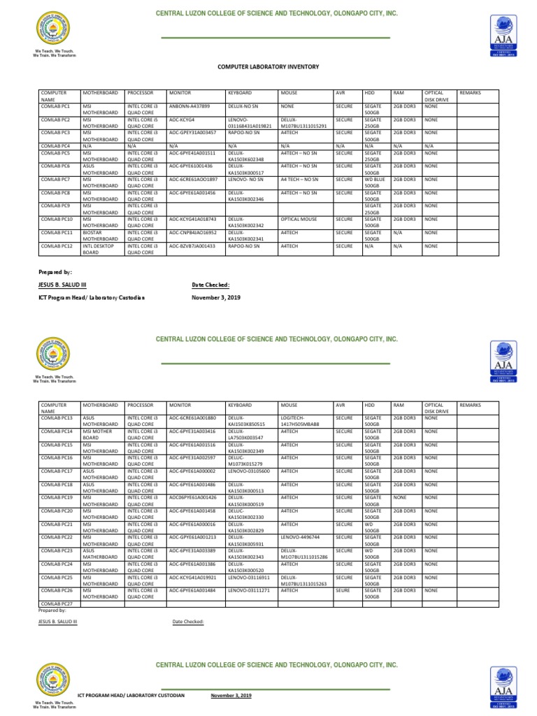 Computer Laboratory Inventory | PDF | Intel | Microcomputers