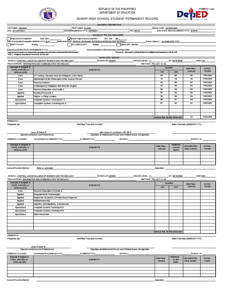 Form 137 - 1Q - 4Q - Complete | PDF | Middle Schools | Curriculum