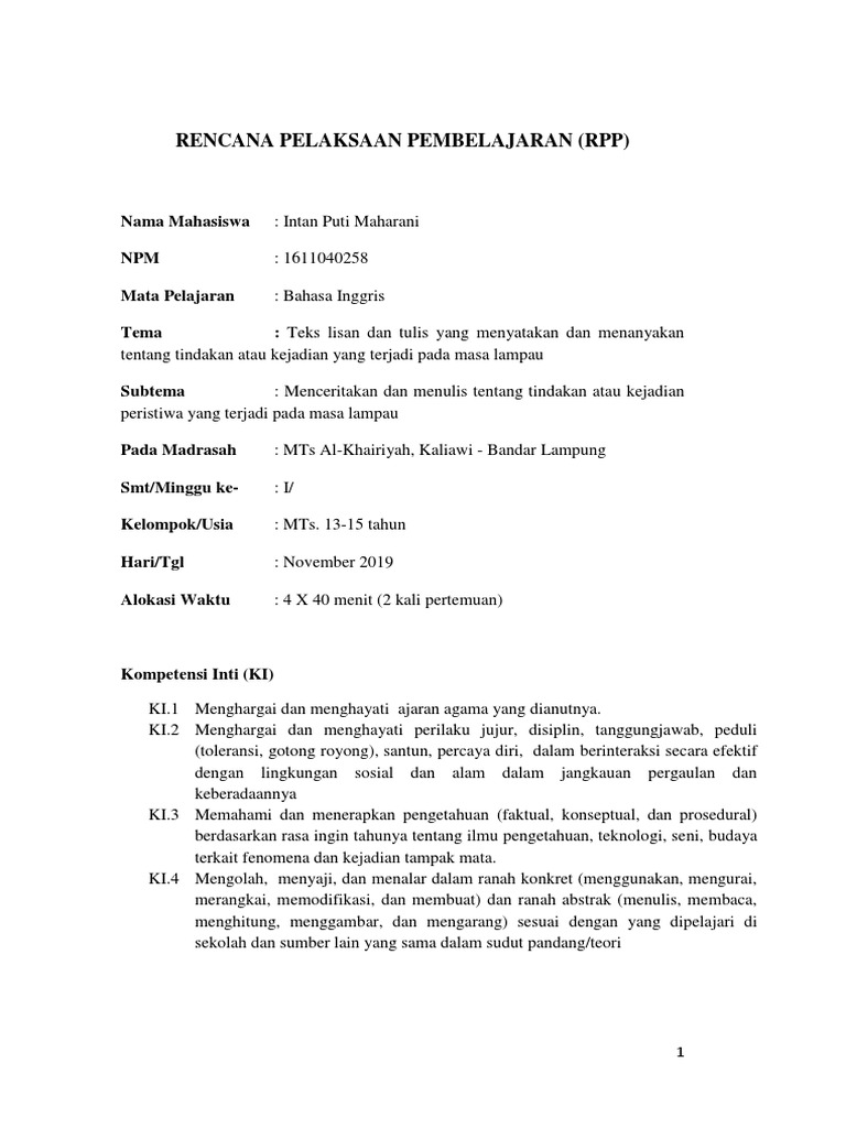 RPP Simple Past Tense | PDF