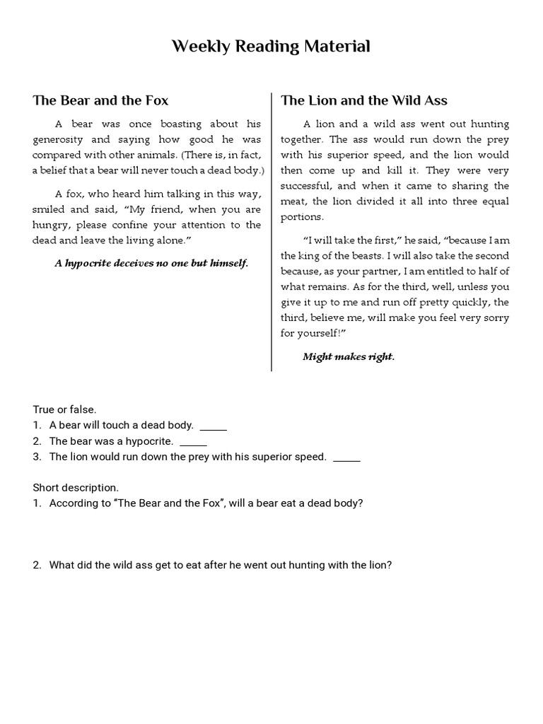 Fables: The Bear, Fox & Lion Insights | PDF