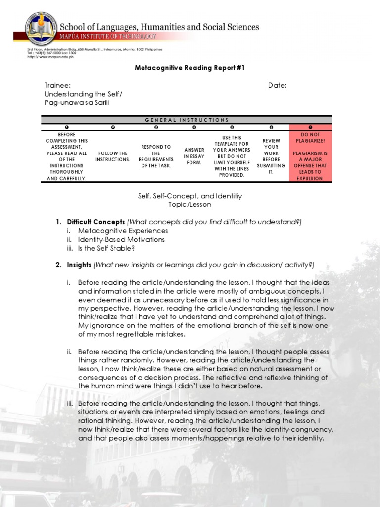 Metacognitive Reading Report UTS | PDF | Metacognition | Thought