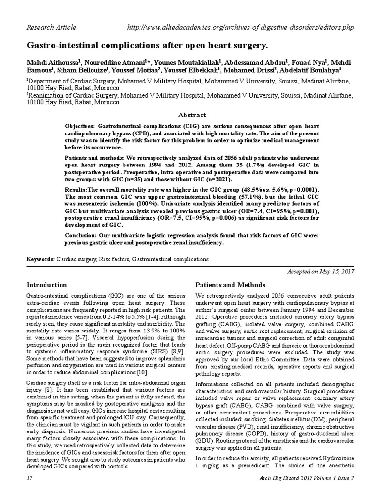 Gastrointestinal Complications After Open Heart Surgery | PDF ...