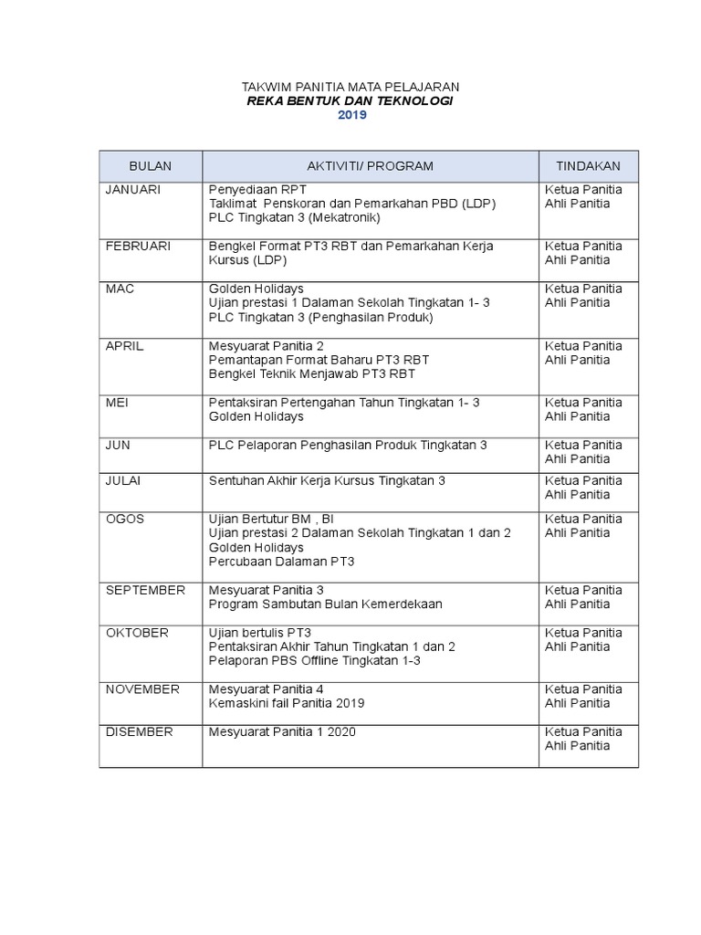 Takwim Panitia RBT 2019 | PDF