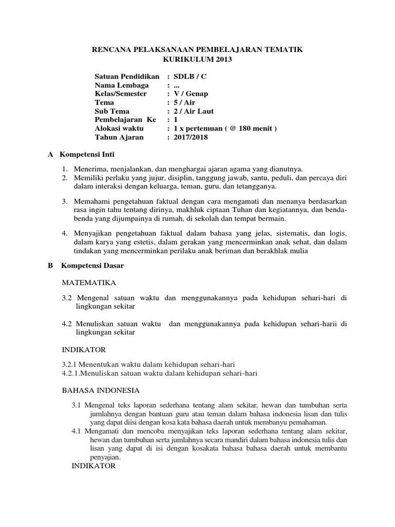 RPP Tunagrahita Kelas 5 Tema 5 Subtema 2 | PDF