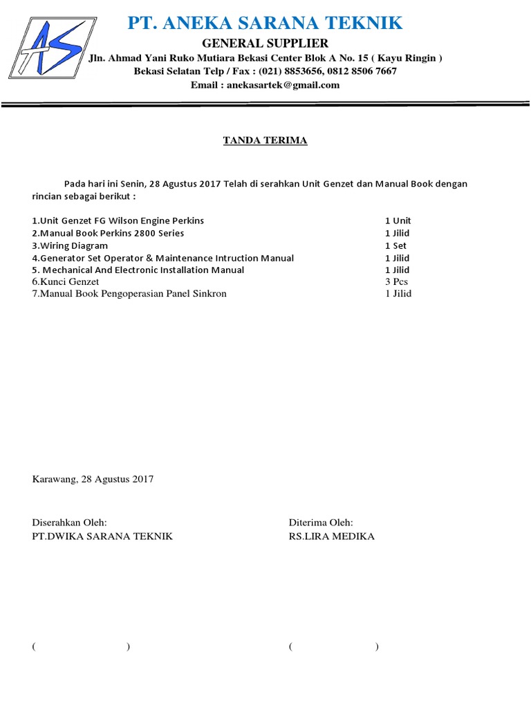 Tanda Terima PT. ANEKA SARANA TEKNIK (Kop Surat) | PDF