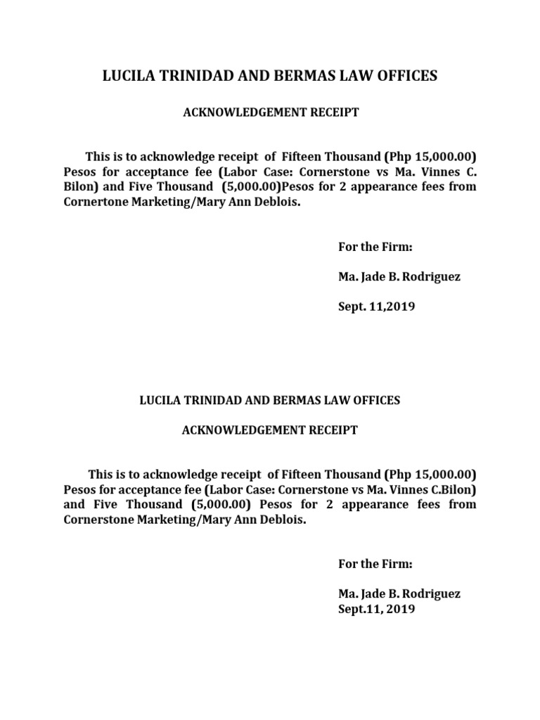 Law Office Receipt for Labor Case Fees from Cornerstone Marketing | PDF