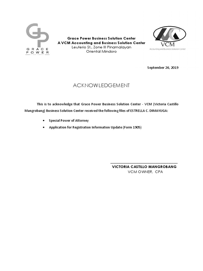 Acknowledgement: Grace Power Business Solution Center A VCM Accounting ...