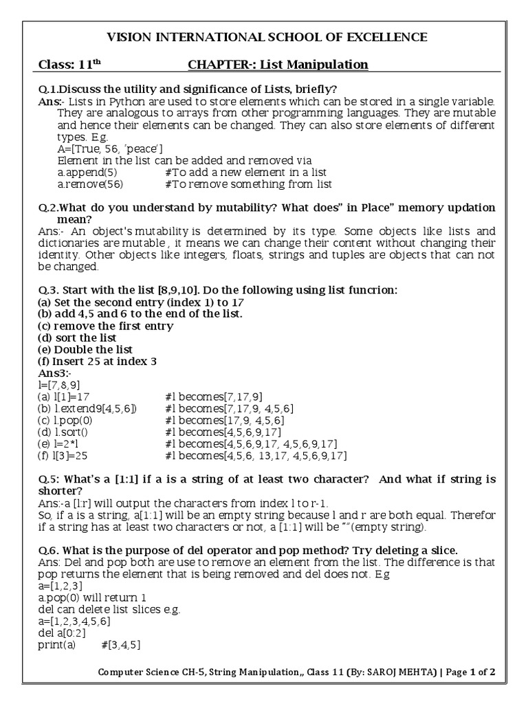 Vision International School of Excellence Class: 11 CHAPTER-: List Manipulation | PDF | String ...