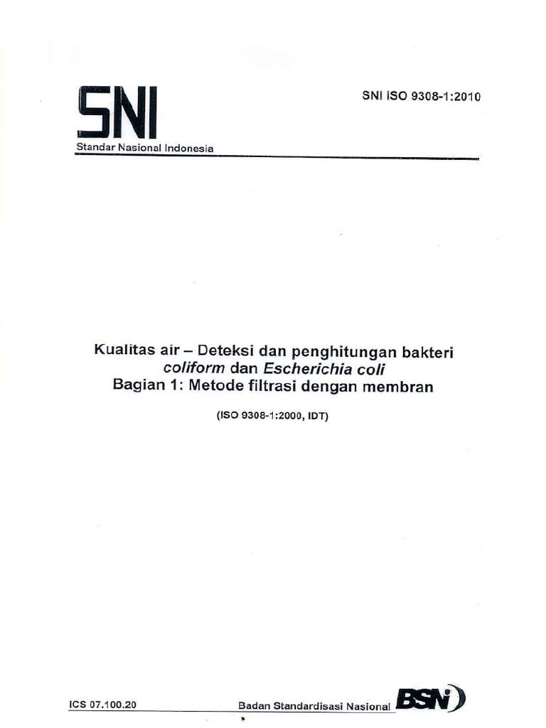 SNI ISO 9308-1:2010 Kualitas Air - Deteksi Dan Penghitungan Bakteri ...