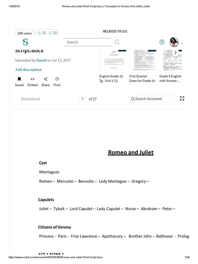 Romeo and Juliet Short Script | Characters In Romeo And Juliet ...