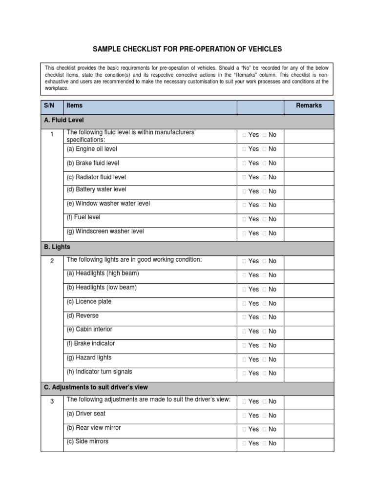 Vehicle Pre-Operation Checklist | PDF | Headlamp | Transportation ...