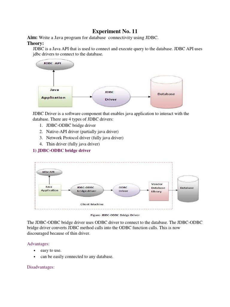 Experiment No 11 Write A Java Program For Database Connectivity Using Jdbc Pdf Areas Of