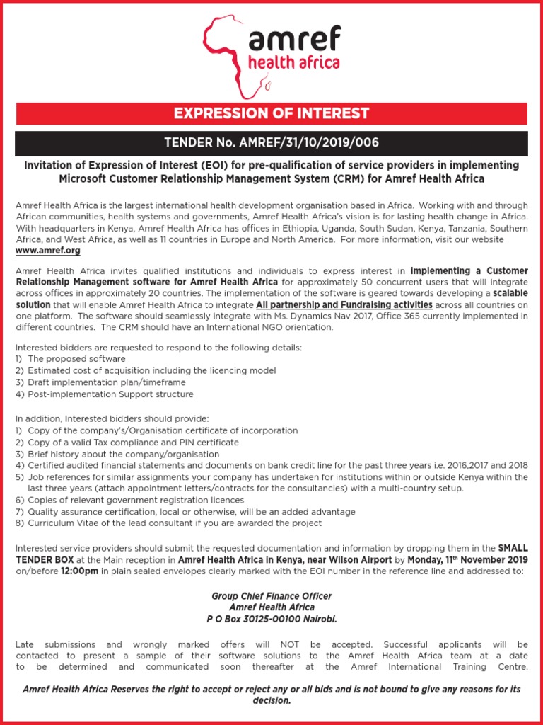 Expression of Interest: TENDER No. AMREF/31/10/2019/006 | PDF ...