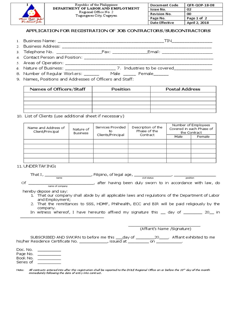 Job Contractor/Subcontractor Registration Form | PDF | Employment ...