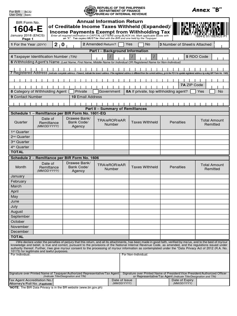 1604E Jan 2018 ENCS Final Annex B | PDF | Withholding Tax | Taxpayer