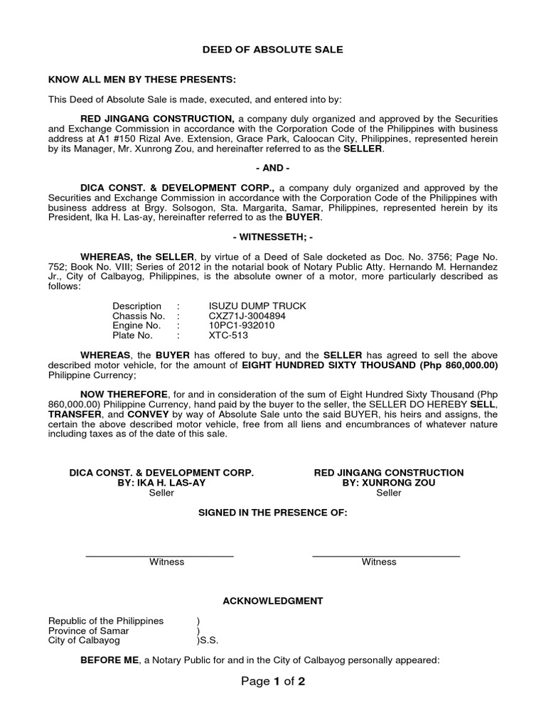 Deed of Absolute Sale of Heavy Equipment - Red Jingang, DICA | PDF | Private Law | Civil Law ...