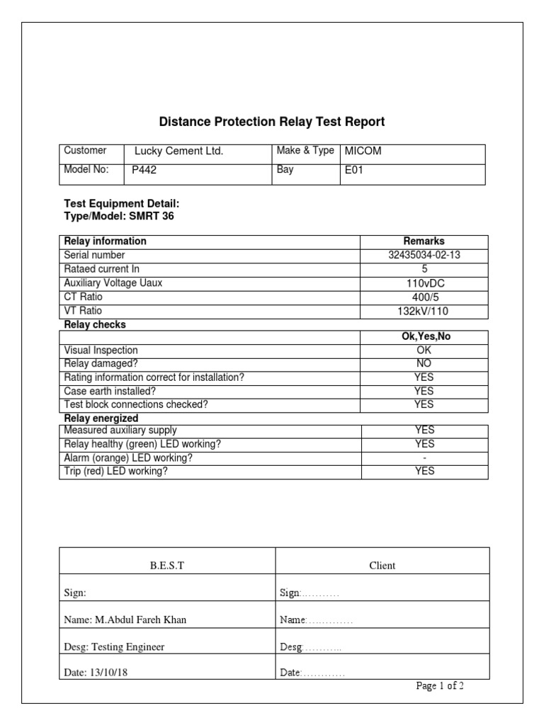Distance Protection Relay Test Report: Lucky Cement Ltd. Micom P442 E01 ...