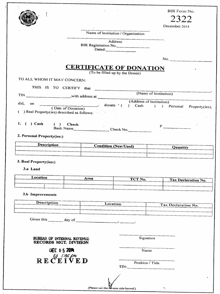Bir Form No. 2322 Certificate of Donation PDF | PDF