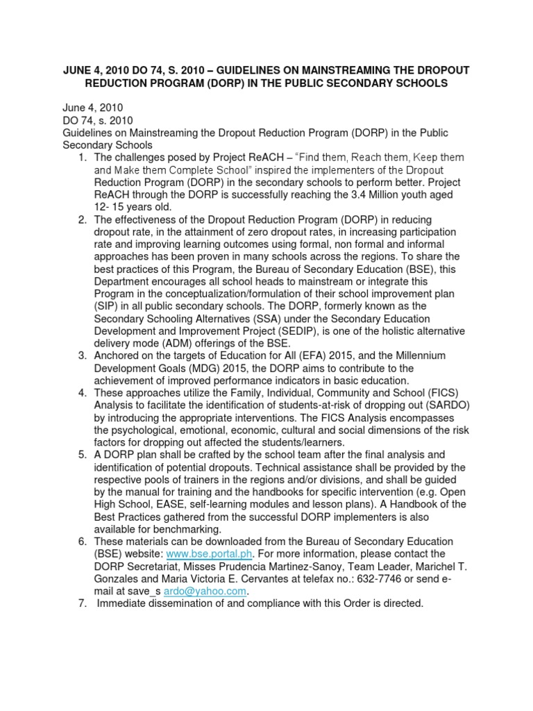 JUNE 4, 2010 DO 74, S. 2010 - Guidelines On Mainstreaming The Dropout ...