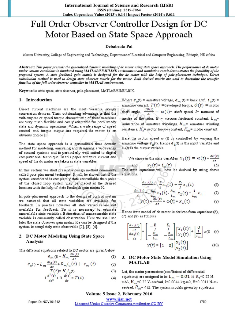 Design and Simulation of a Full Order Observer Controller for DC Motor ...