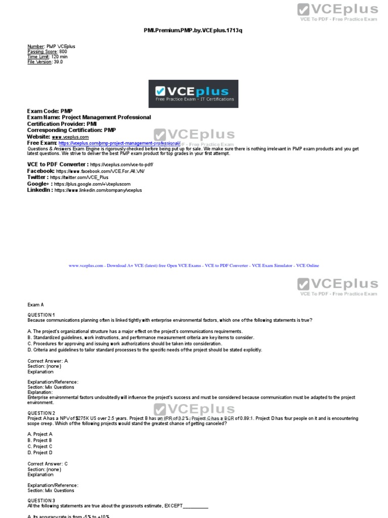 PMI Premium PMP by Vceplus 500q | PDF | Project Management Professional ...