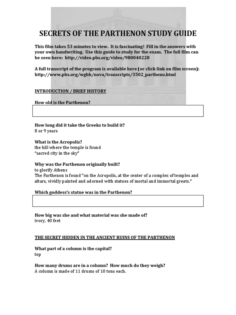 Secrets of The Parthenon Study Guide | PDF | Ancient Greece | Column