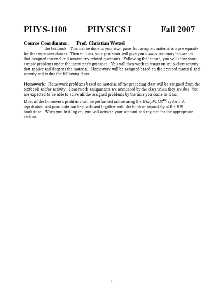 Phys1 Fall07 Syl v2 | PDF | Force | Academic Dishonesty