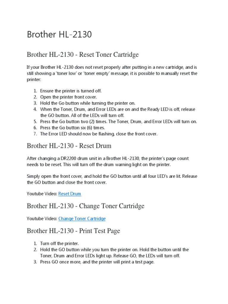 Brother HL-2130 Printer Reset Setting | PDF | Printer (Computing ...