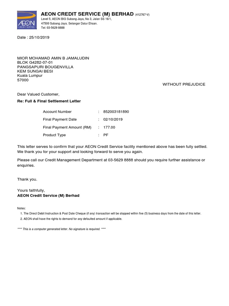 Surat Contoh Settlement | PDF