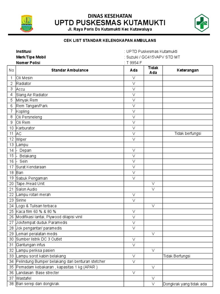 Cek List Peralatan Ambulans UPTD Kutamukti | PDF | Emergency Medical ...