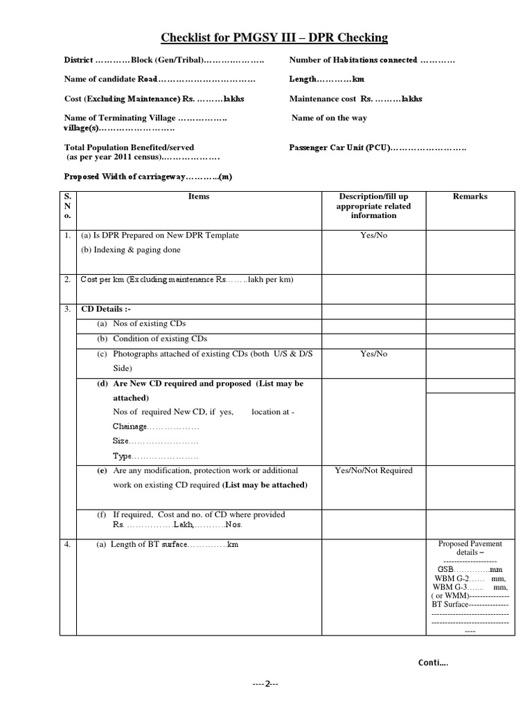Checklist For PMGSY III - DPR Checking: Conti . - 2 | PDF | Road | Road ...