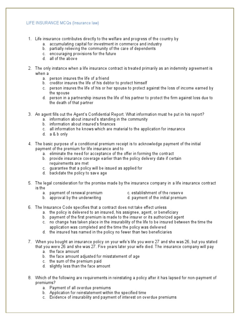 Life Insurance Mcqs Questionnaire | PDF | Life Insurance | Insurance