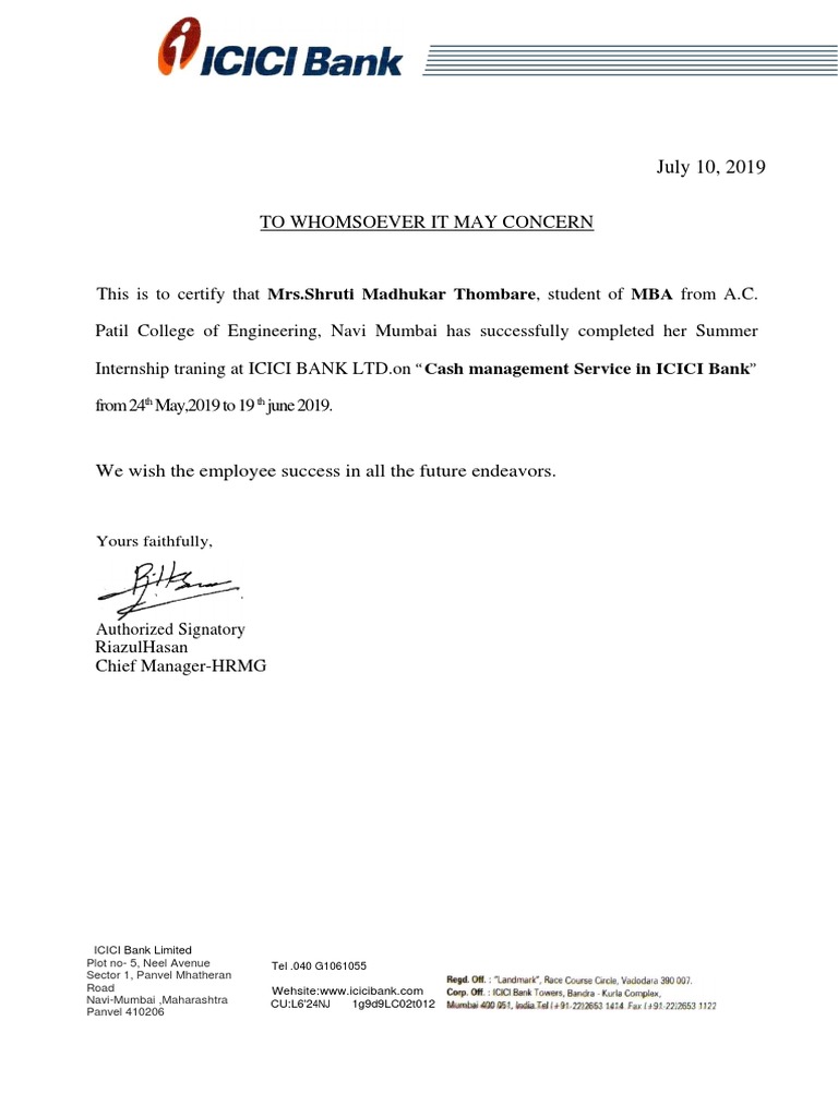 ICICI Bank Internship Certificate | PDF | Career & Growth | Finance ...