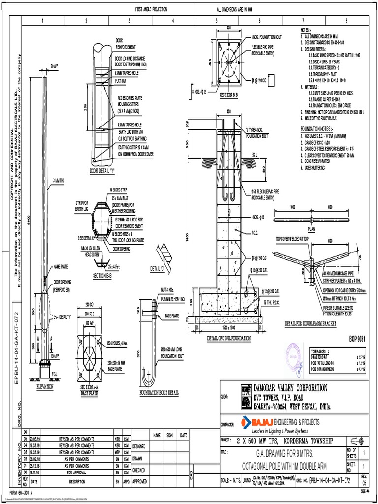 Foundation Notes:-: G.A. Drawing For 9 Mtrs. Octagonal Pole With 1M ...