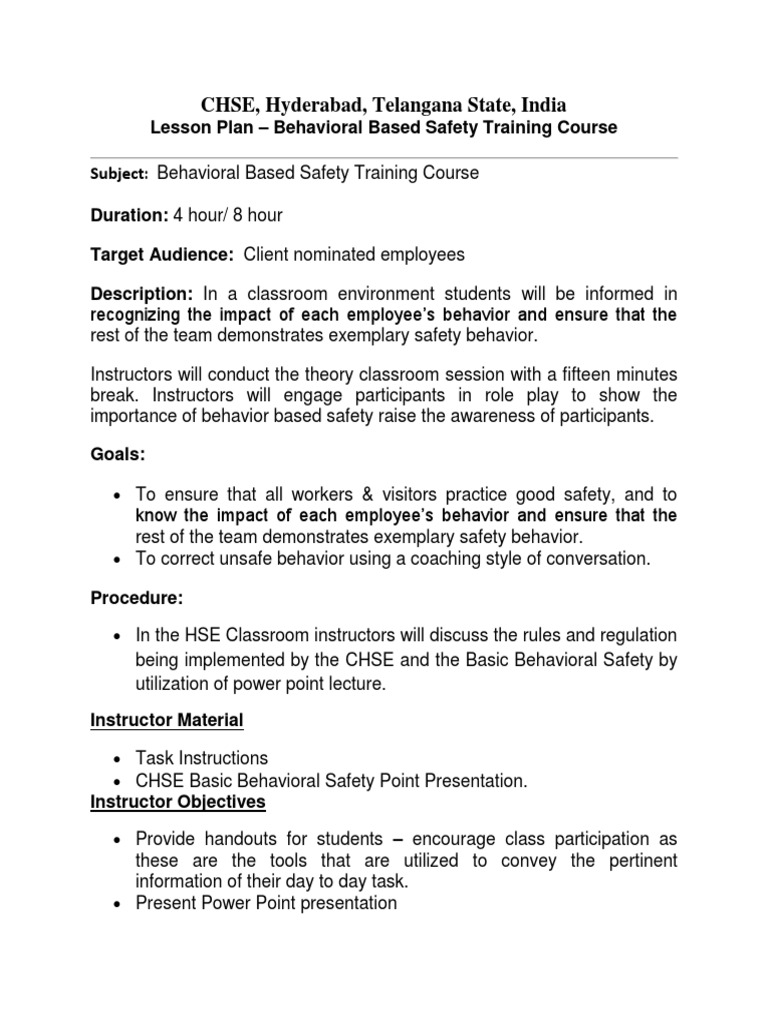Behavioral Based Safety Training | PDF | Lecture | Lesson Plan