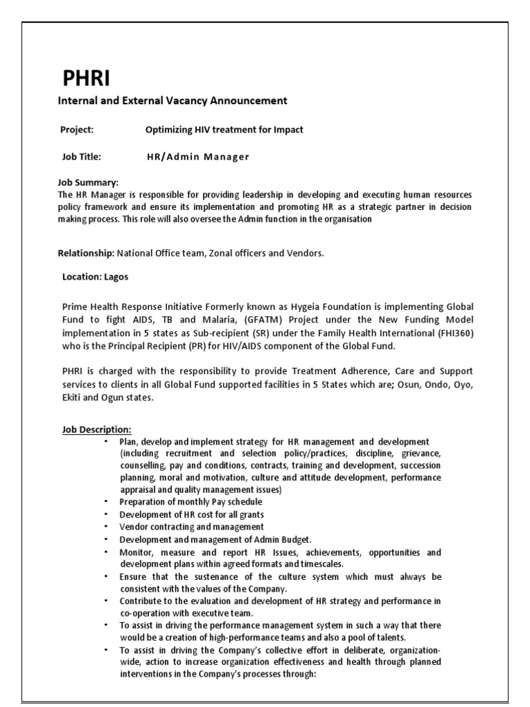 Advert For HR Admin Manager | PDF | Employee Retention | Human Resources