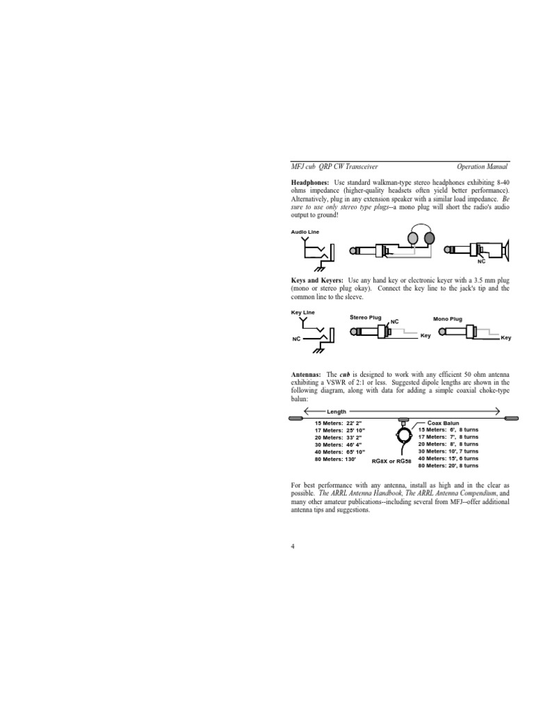 MFJ Cub QRP CW Transceiver Operation Manual: Headphones: Use Standard ...