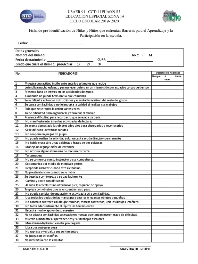 Ficha de Pre Identificacion Baps | Descargar gratis PDF | Educación de la primera infancia ...