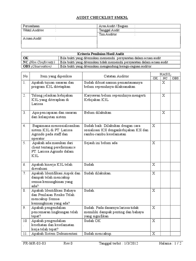 Audit Checklist SMK3L | PDF