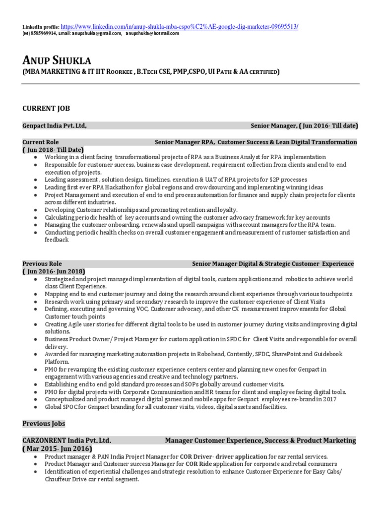 Anup CV Manager | PDF | Customer Experience | Customer Relationship Management