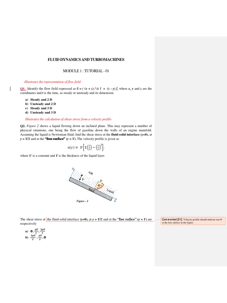 Fluid Dynamics and Turbomachines: Module 1: Tutorial - 01 | PDF | Shear ...