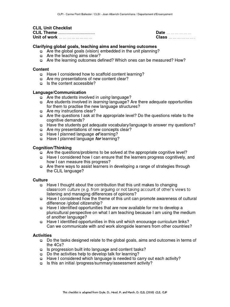 CLIL Unit Planning Checklist | PDF | Learning | Education Theory