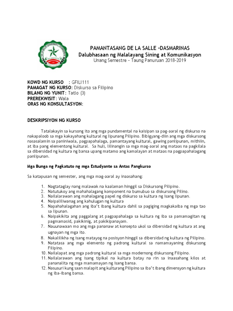 G FILI111 Silabus Diskurso Sa Filipino 3 | PDF