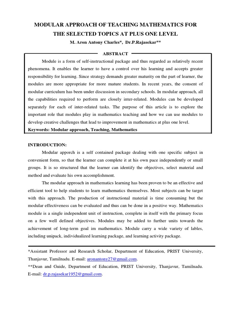 Modular Approach of Teaching Mathematics For The Selected Topics at ...