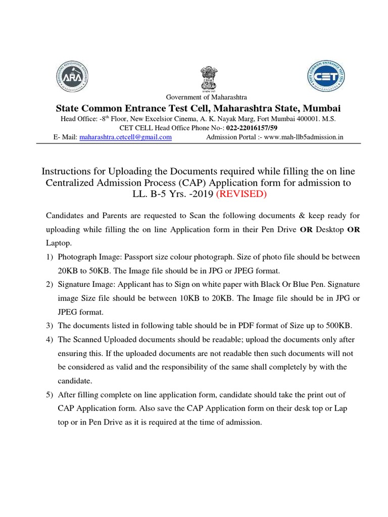 Documents Required To Upload For MS OMS LL.b-5 Year CAP 2019 | PDF ...
