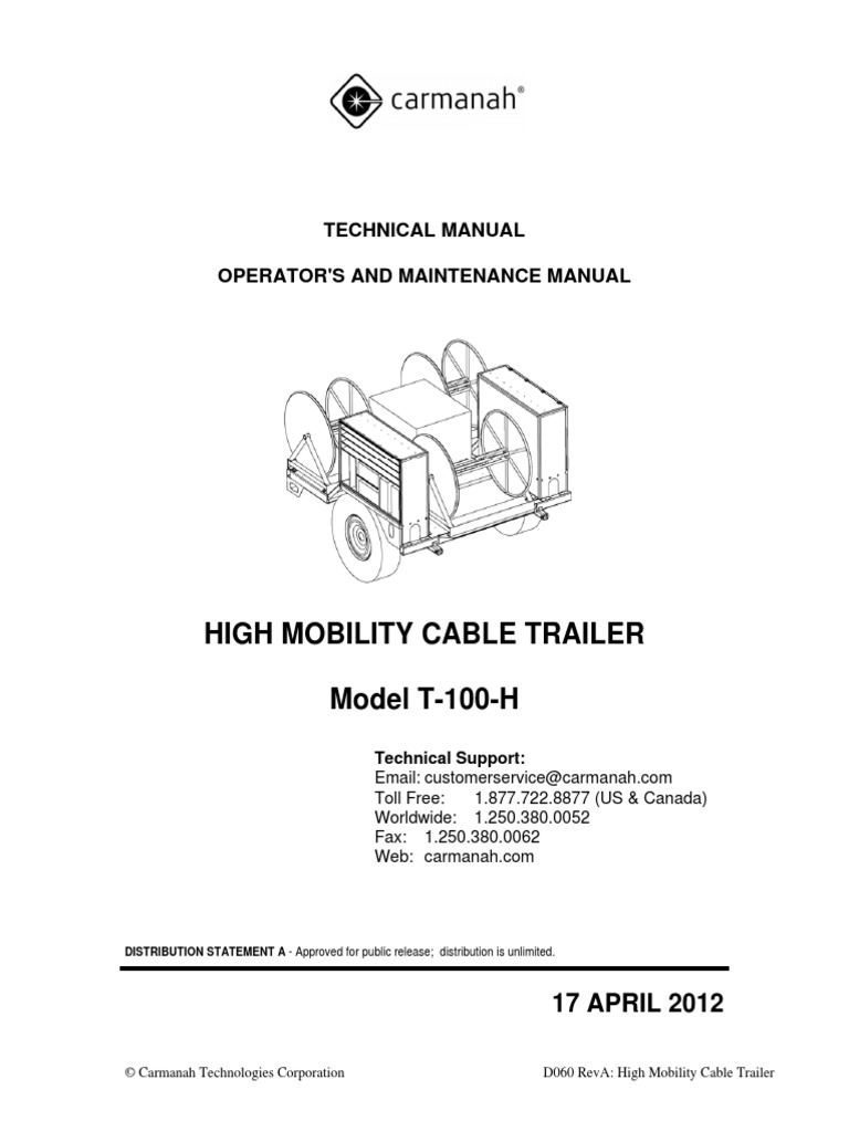 High Mobility Cable Trailer Model T-100-H: Technical Manual Operator'S ...