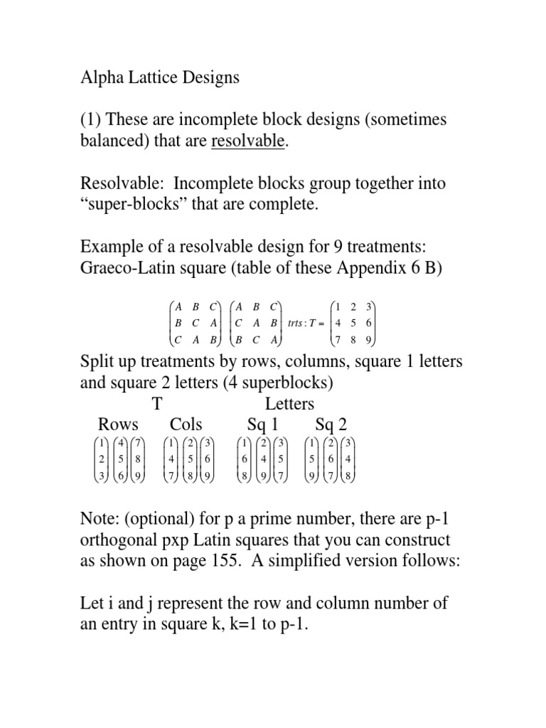 Resolvable Incomplete Block Designs: Properties and Generation of Alpha Lattices | PDF ...