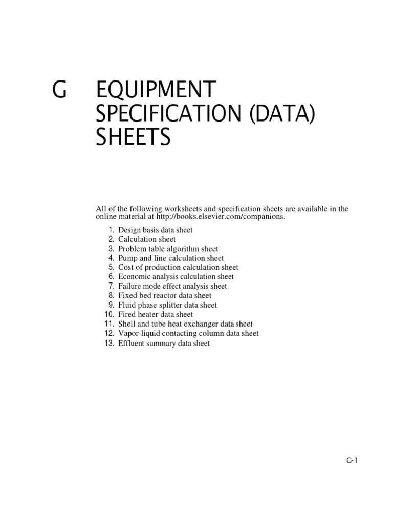 G Equipment Specification (Data) Sheets | PDF