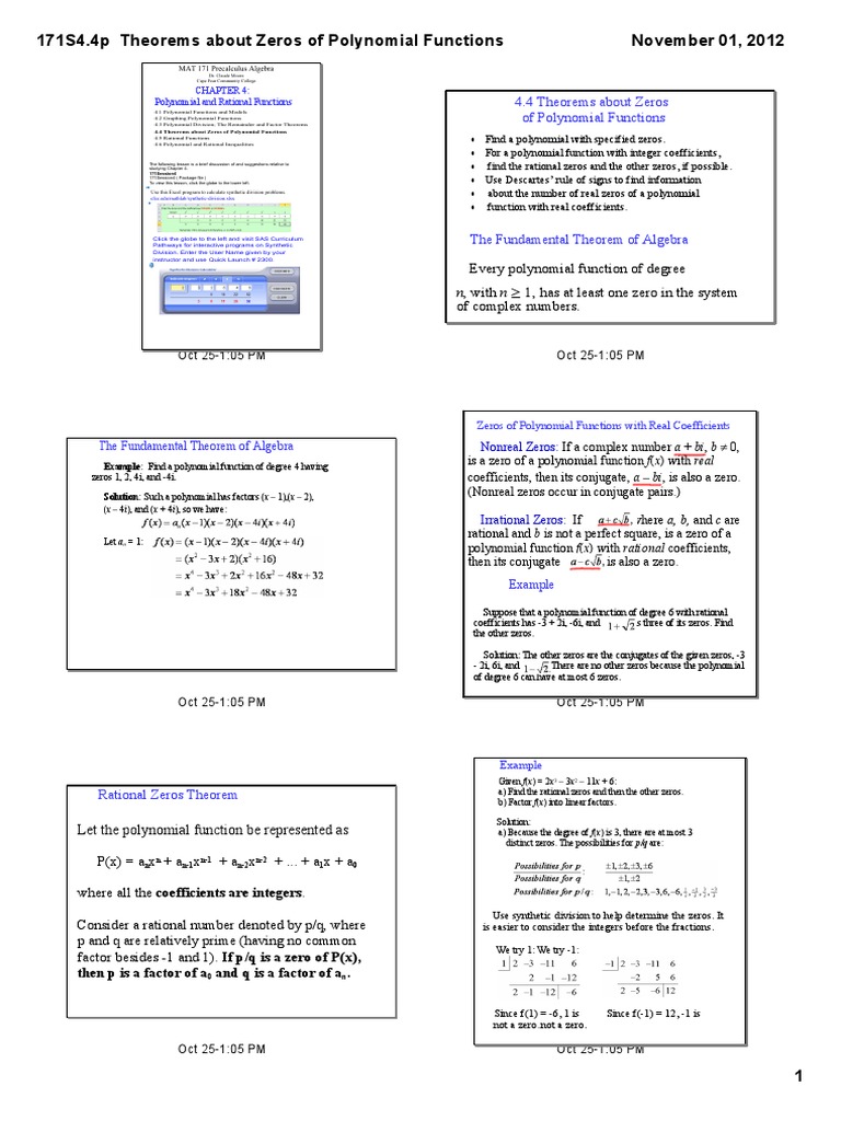 171S4.4p Theorems About Zeros of Polynomial Functions November 01, 2012 | PDF | Zero Of A ...