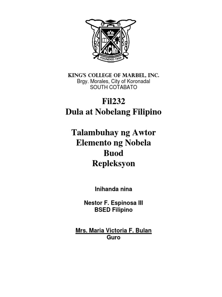 Fil232 Dula at Nobelang Filipino Talambuhay NG Awtor Elemento NG Nobela ...